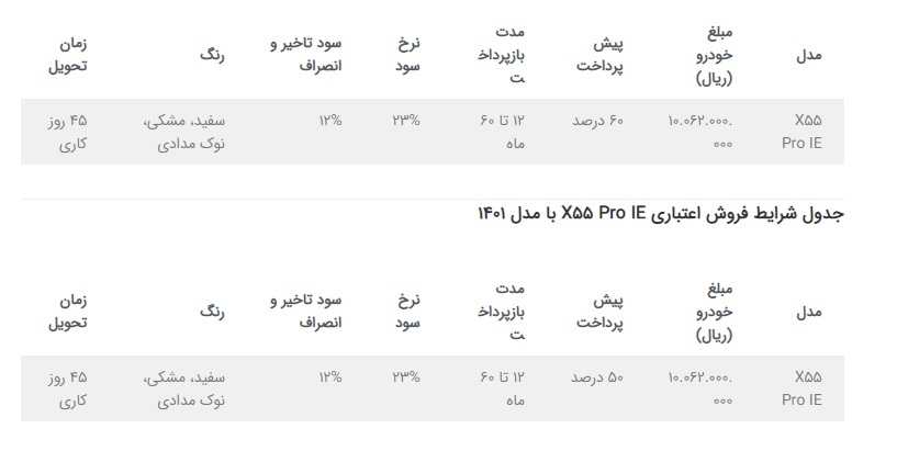 فروش اقساطی X55 Pro IE مدیران خودرو با مدل 1401 و 1402 + شرایط و جدول قیمت